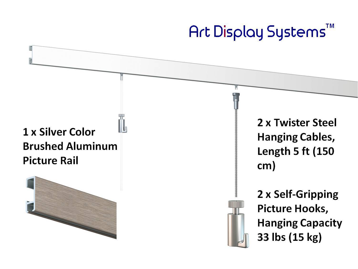 Art Display Systems Silver Click Rail w/ Twister Steel Cables Starter ...